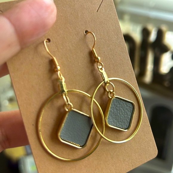 Jewelry | Gold Drop Down Circle With Grey Leather Accents Earrings ...